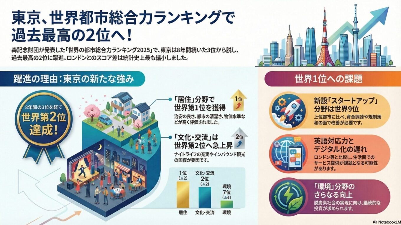 世界の都市総合力ランキング（GPCI）2025における東京の第2位浮上
